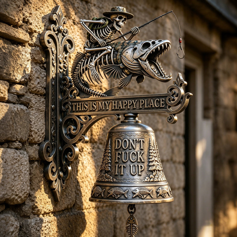 🎣 Metal Skeleton Fisherman Wall Bell – “This Is My Happy Place” Outdoor ...